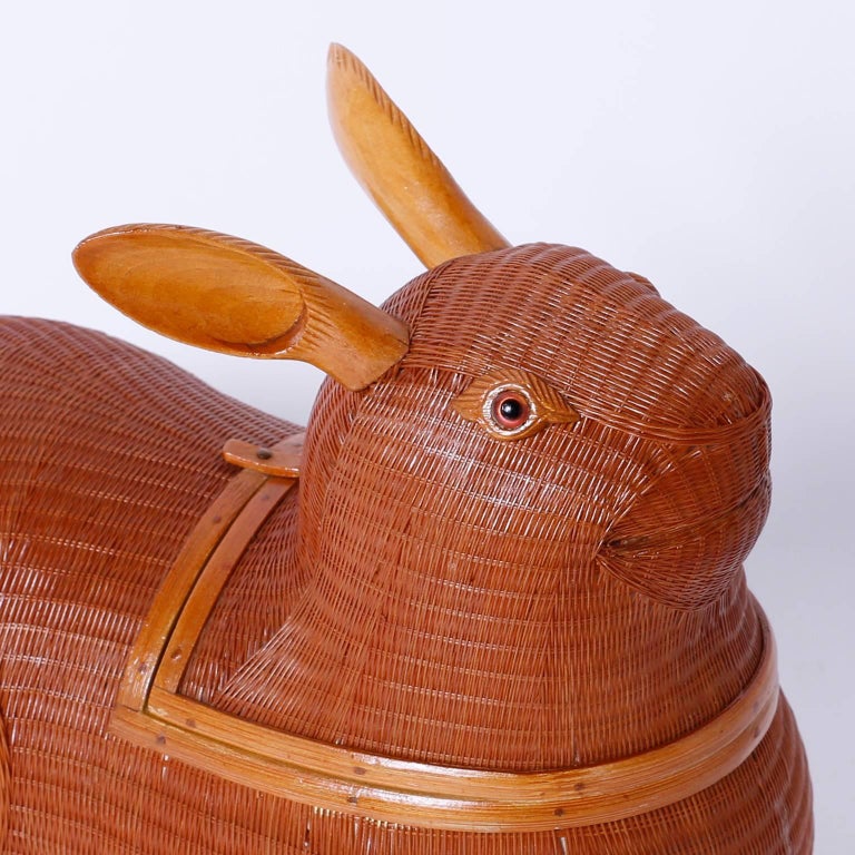 Mid-Century Wicker and Wood Rabbit Sculpture or Box at 1stDibs