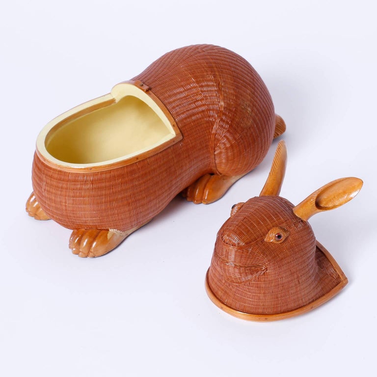 Mid-Century Wicker and Wood Rabbit Sculpture or Box at 1stDibs