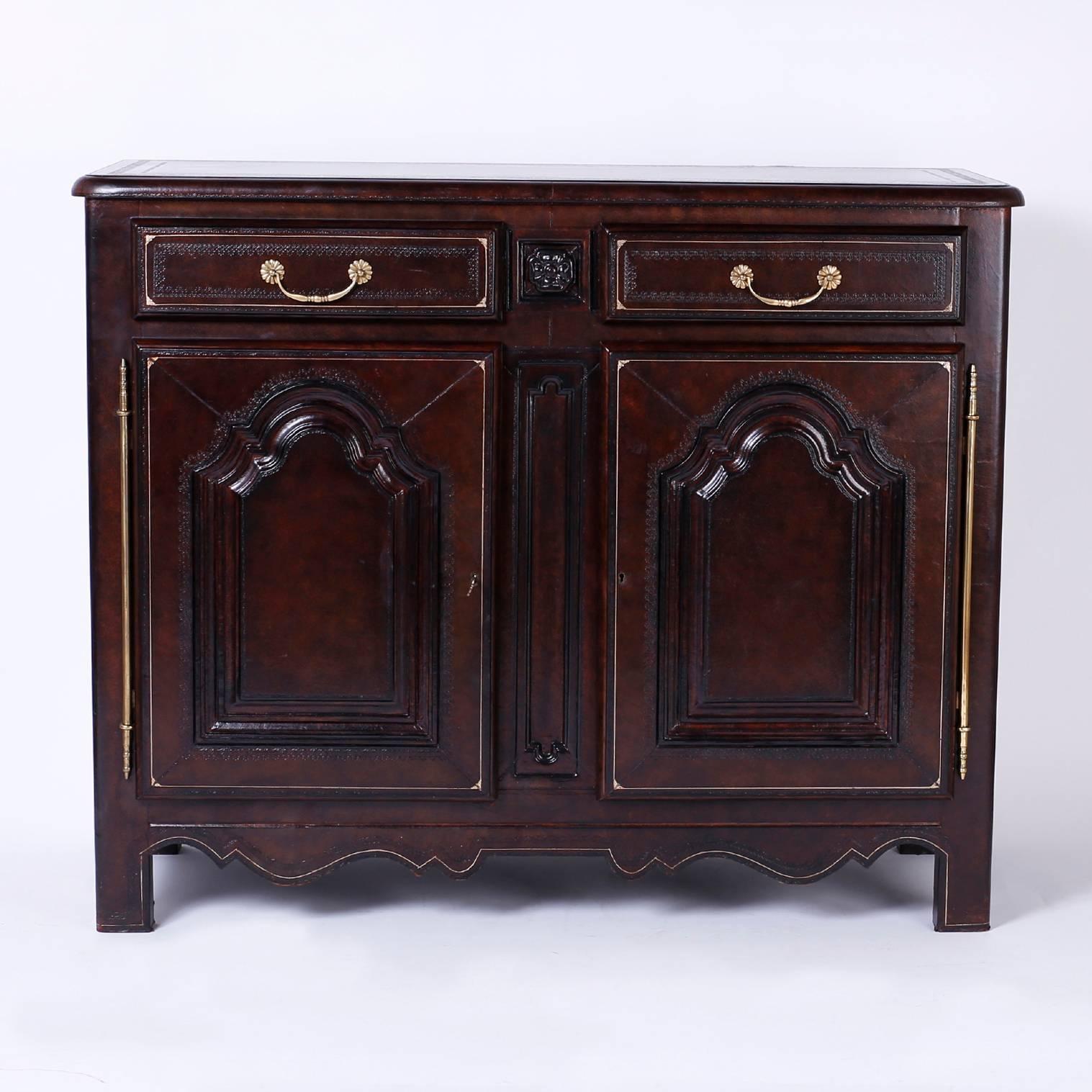 Midcentury French Provincial Style Dark Leather Sideboard at 1stDibs