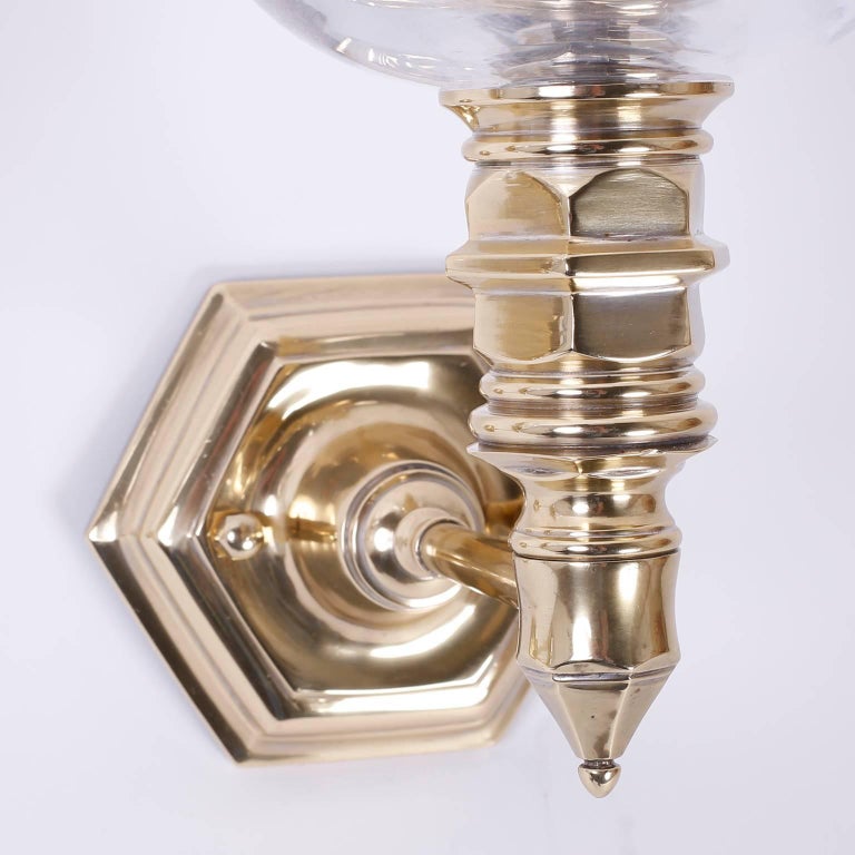 Pair of British Colonial Style Brass Sconces with Glass Hurricane ...