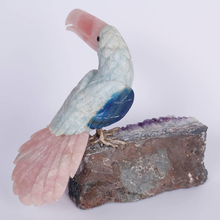 Carved Stone Toucan on an Amethyst Geode at 1stDibs