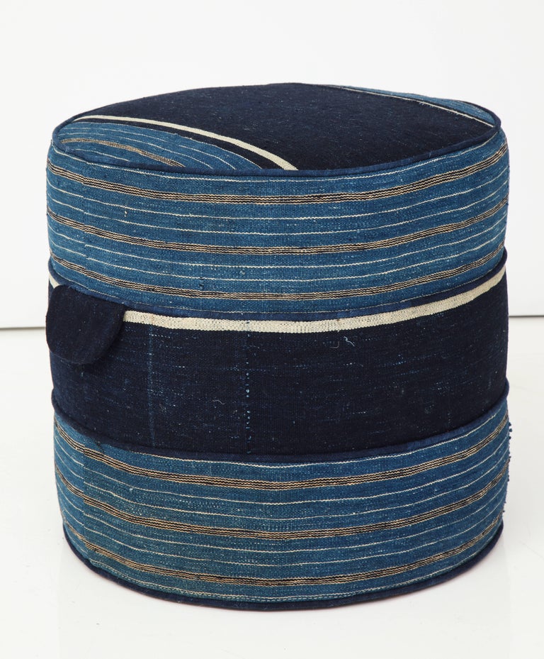 NK Collection Small Round Hassock Upholstered in Indigo African Fabric ...
