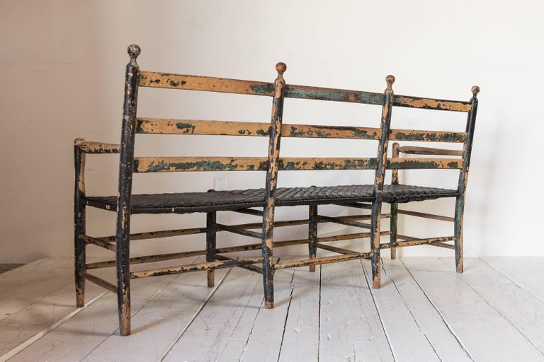 Rustic Ladder Back Bench with Spindle Details and Black Rush Seat at ...