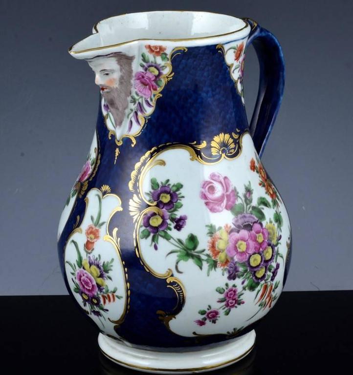 First Period Worcester Large Blue Scale Botanical Mask Jug at 1stDibs