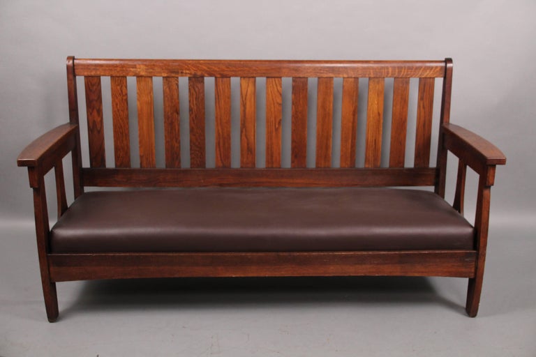 Antique Arts and Craft Signed Limbert Settle Bench with Leather ...