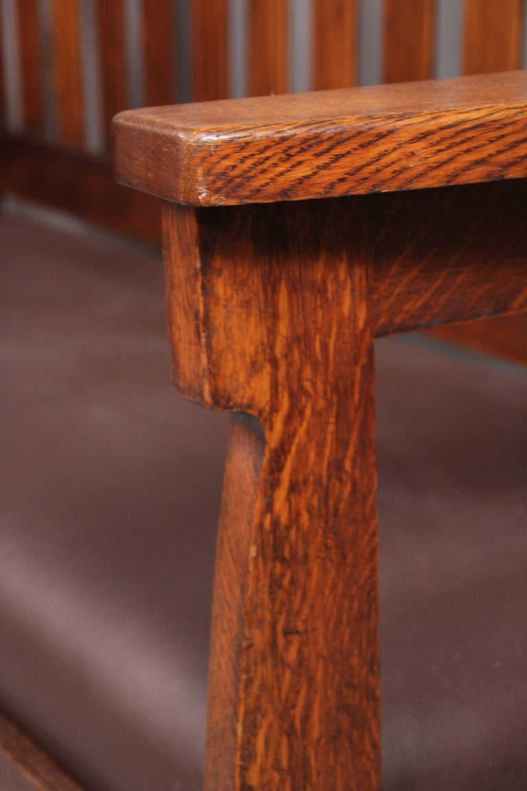 Antique Arts and Craft Signed Limbert Settle Bench with Leather ...