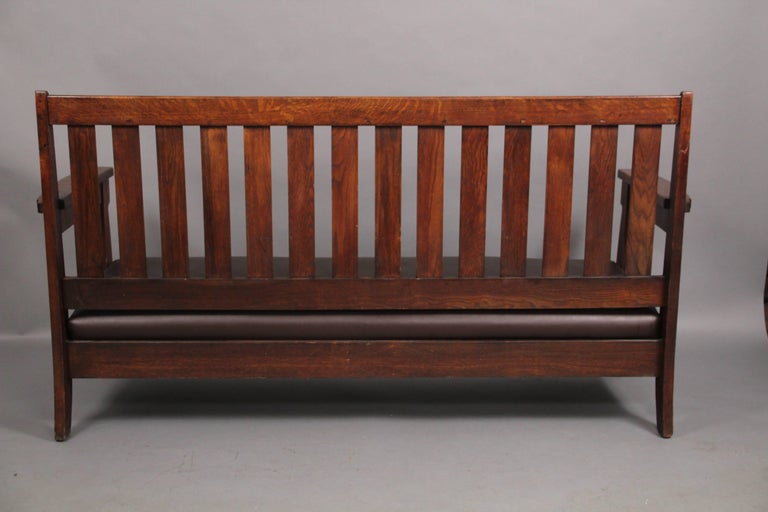 Antique Arts and Craft Signed Limbert Settle Bench with Leather ...