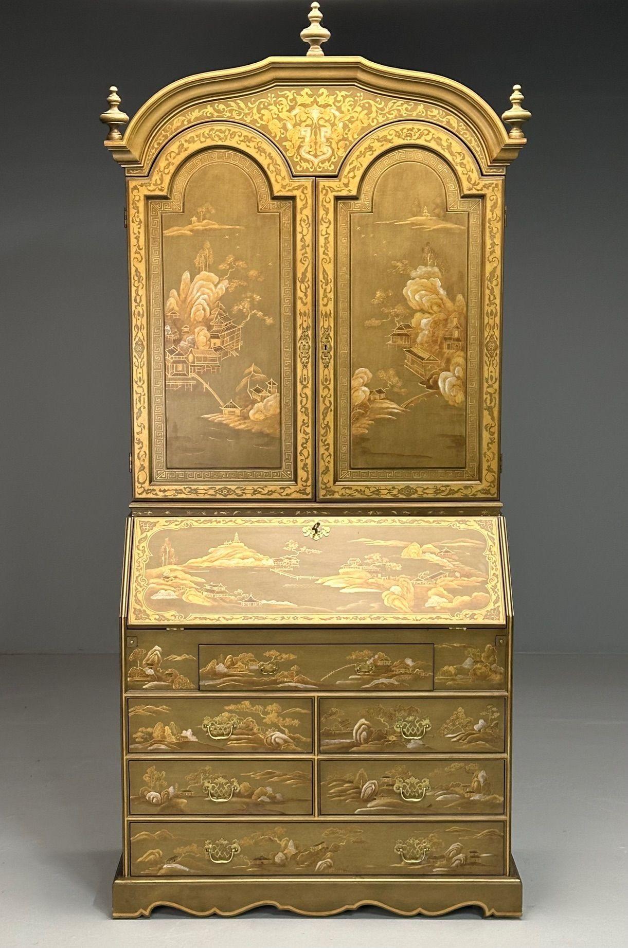 Georgian Style, Chinoiserie, Beige Secretary Desk, Bureau Cabinet ...