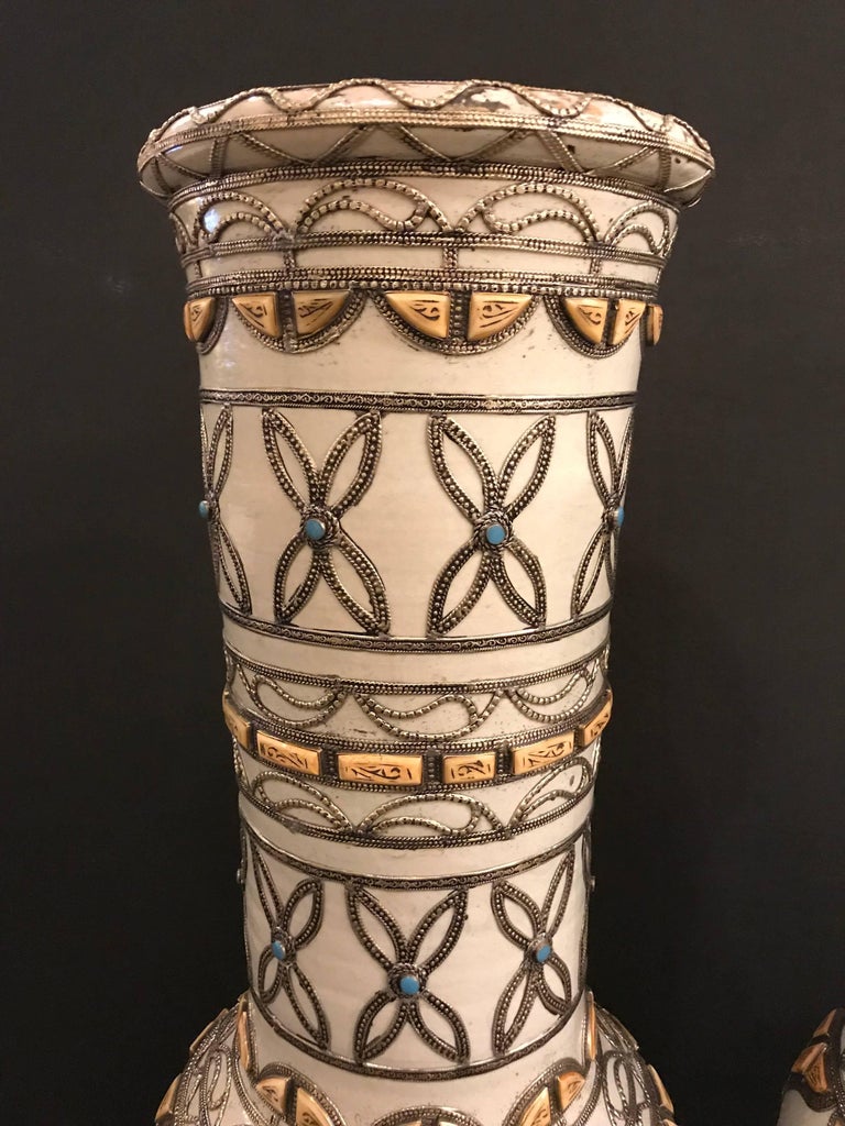Pair of Moroccan Ceramic Large Hand-Painted Vases with Camel Bone at ...