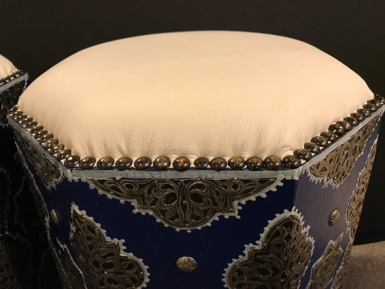 Pair of Moroccan Silver Metal Inlaid Stools with White Leather at ...