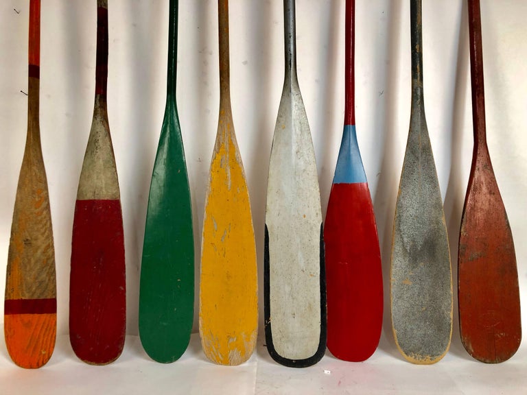Collection of Eight Antique Wooden Canoe Paddles with Original Painted ...