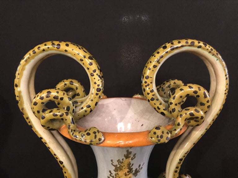 Pair of Italian Faience Porcelain Vases with Snake Handles For Sale at ...