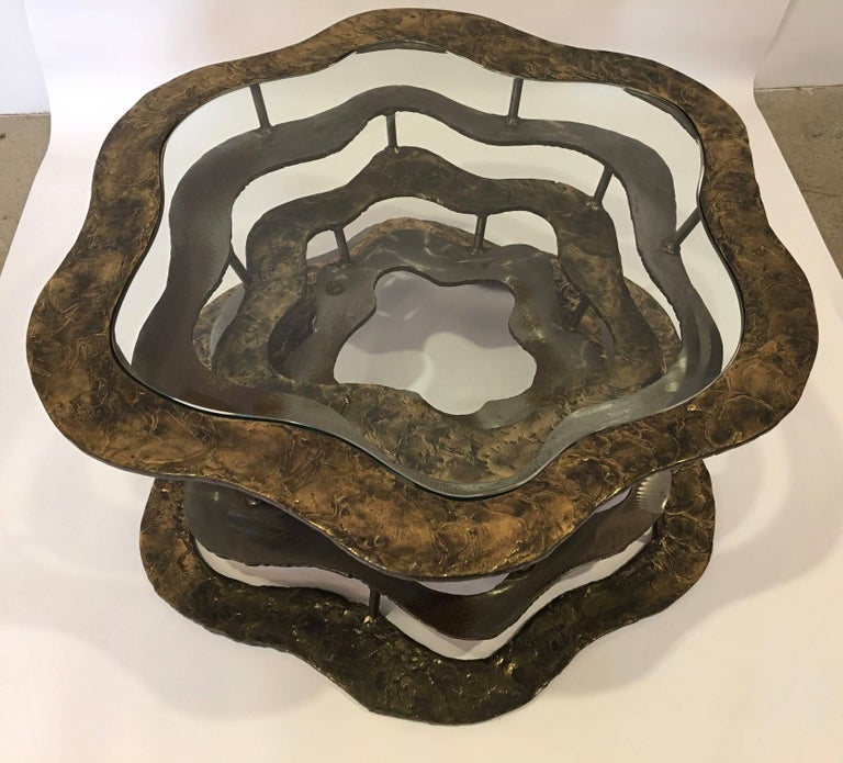 Silas Seandel Volcano Bronze and Steel Coffee Table with Glass, 1977 at ...