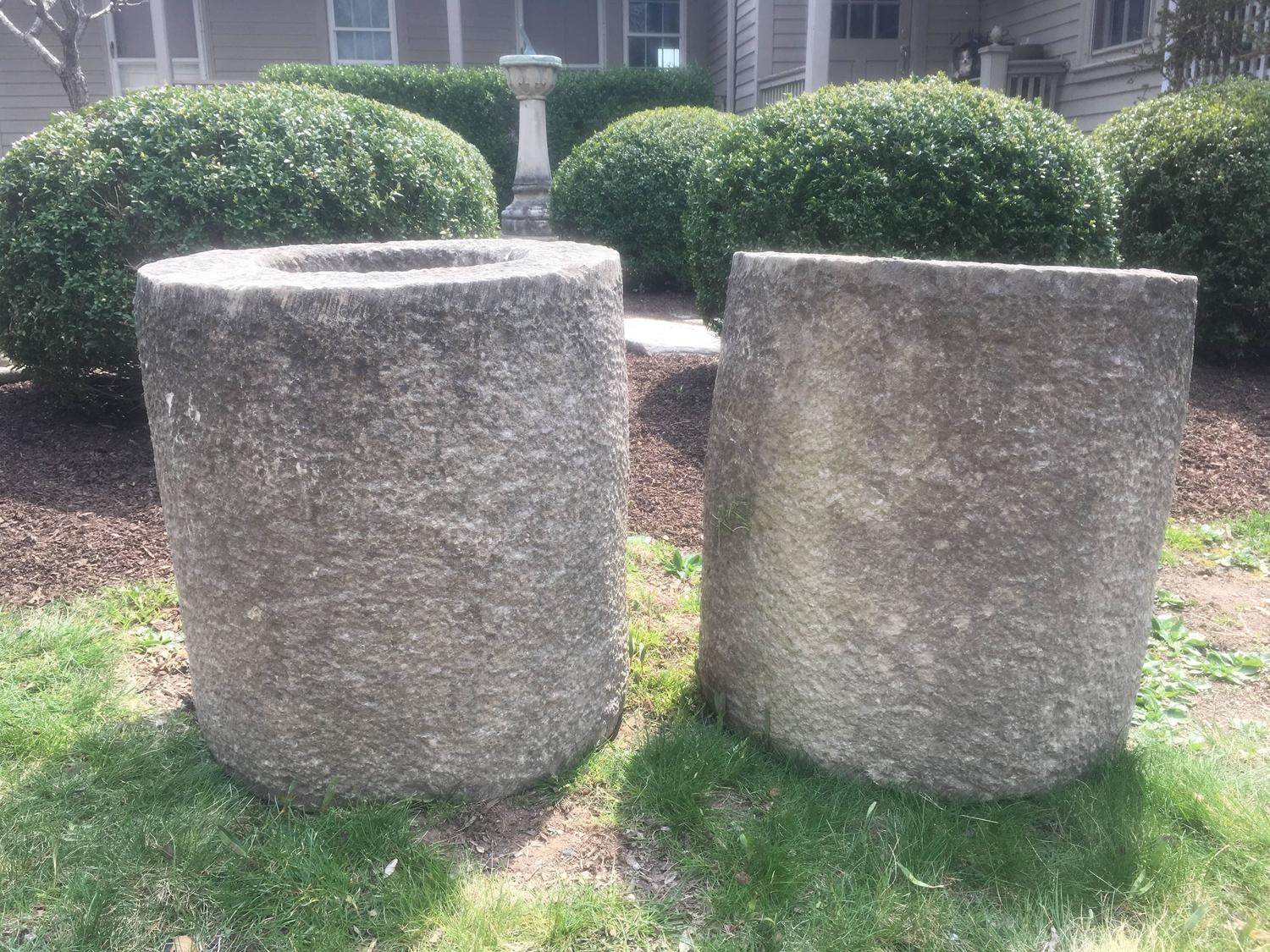 Pair of French Carved Stone Cylindrical Planters For Sale at 1stdibs