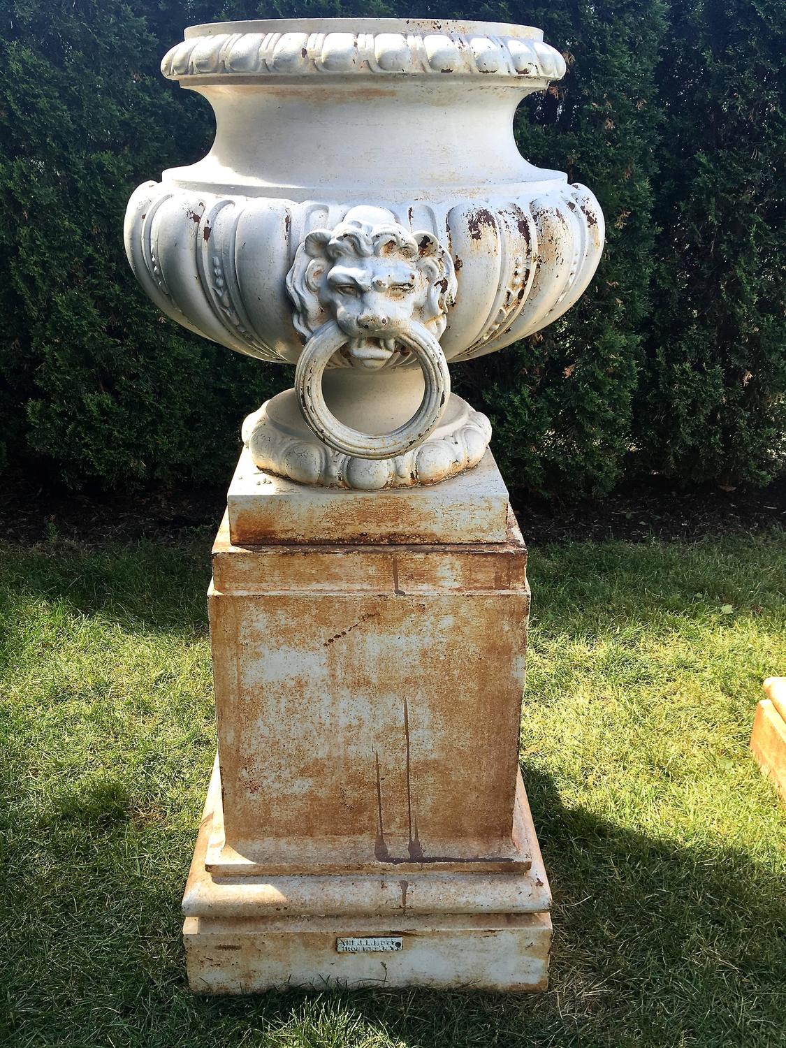 Pair of Rare Estate-Sized Val d'Osne Cast Iron Urns on Tall Plinths For ...