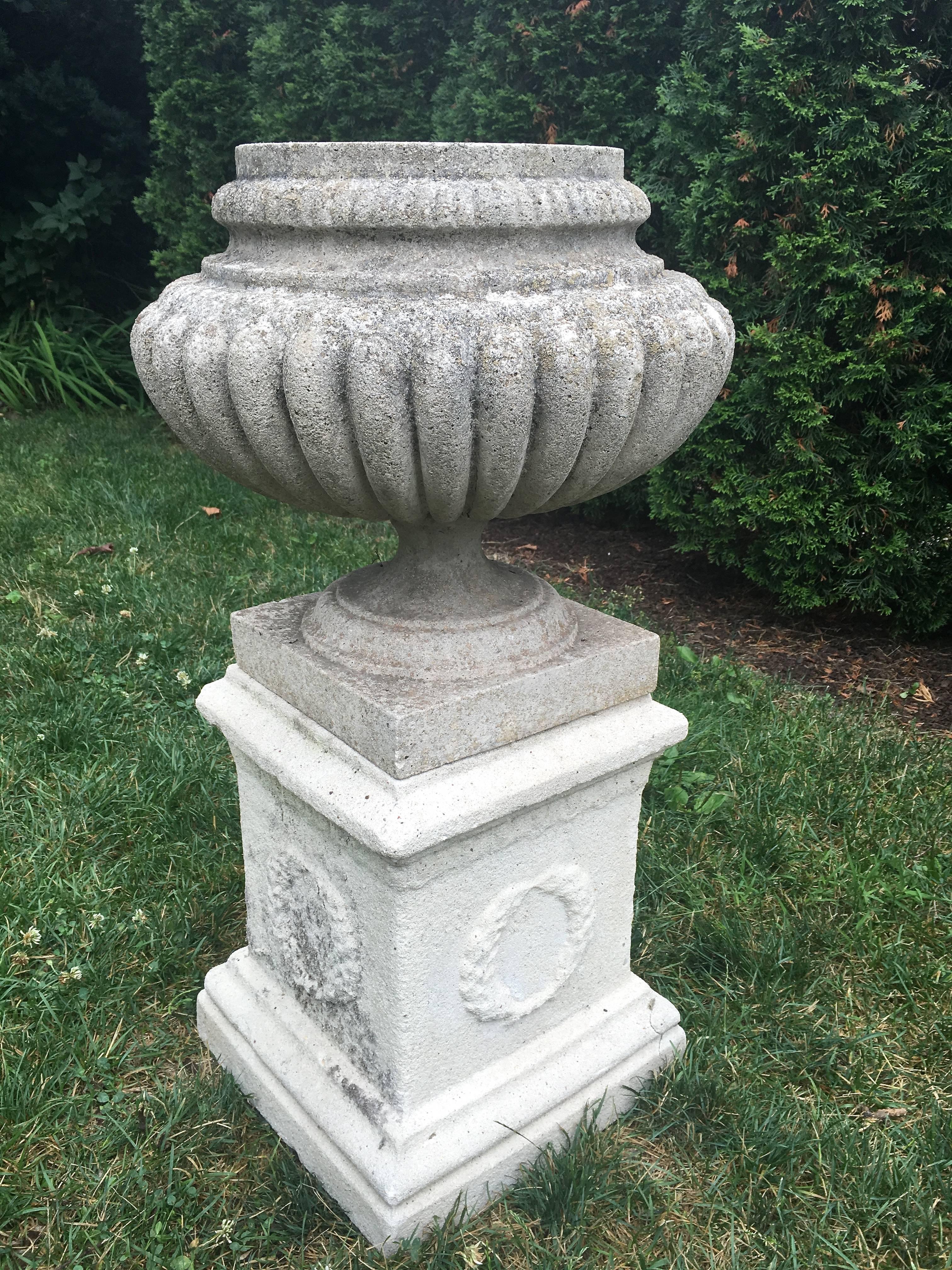 English Cast Stone Melon Urn on Wreath-Decorated Plinth at 1stDibs ...