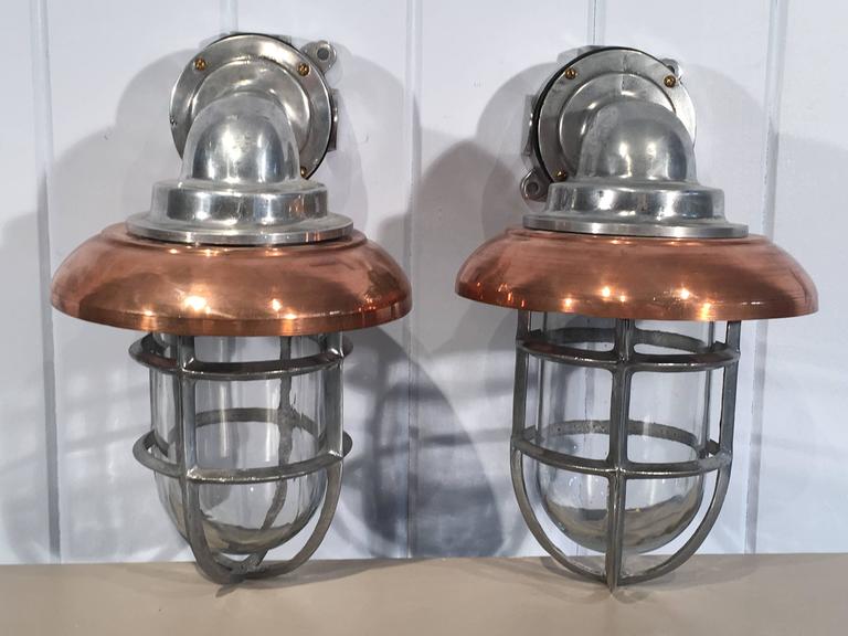 Pair of Polished Aluminum and Copper Ship's Corridor Lamps For Sale at ...