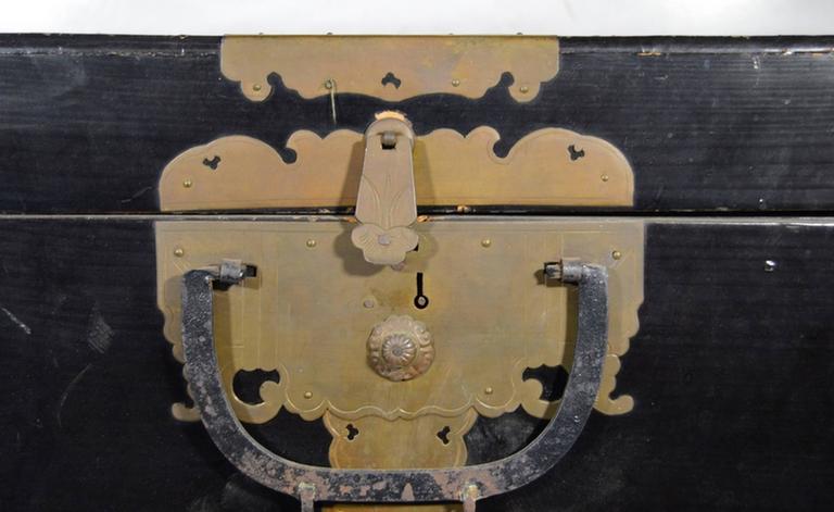 Antique Dark Lacquered Wood Chest with Brass Hardware, Japan, 19th ...