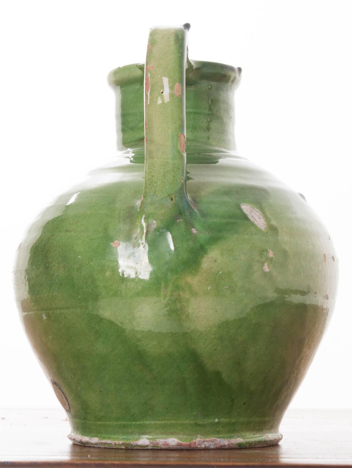 French Green Glazed Oil Pitcher For Sale at 1stdibs