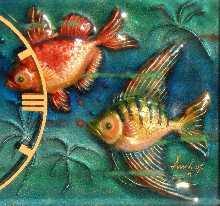Art Deco Swiss Clock with Aquatic Motif, Enameled Face by Imhof at 1stDibs
