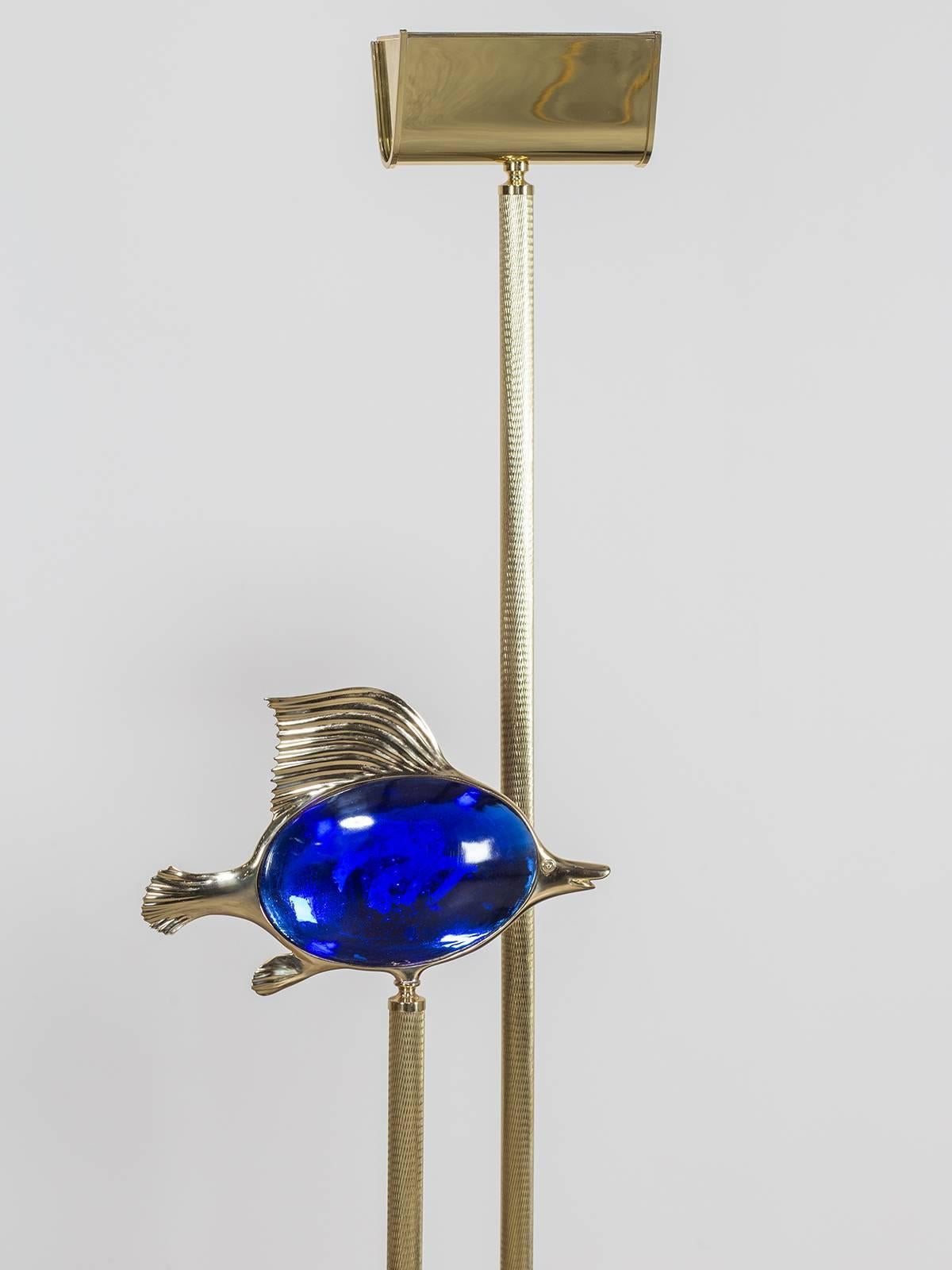 Vintage Blue Glass Fish Italian Brass Floor Lamp, circa 1975 at 1stDibs