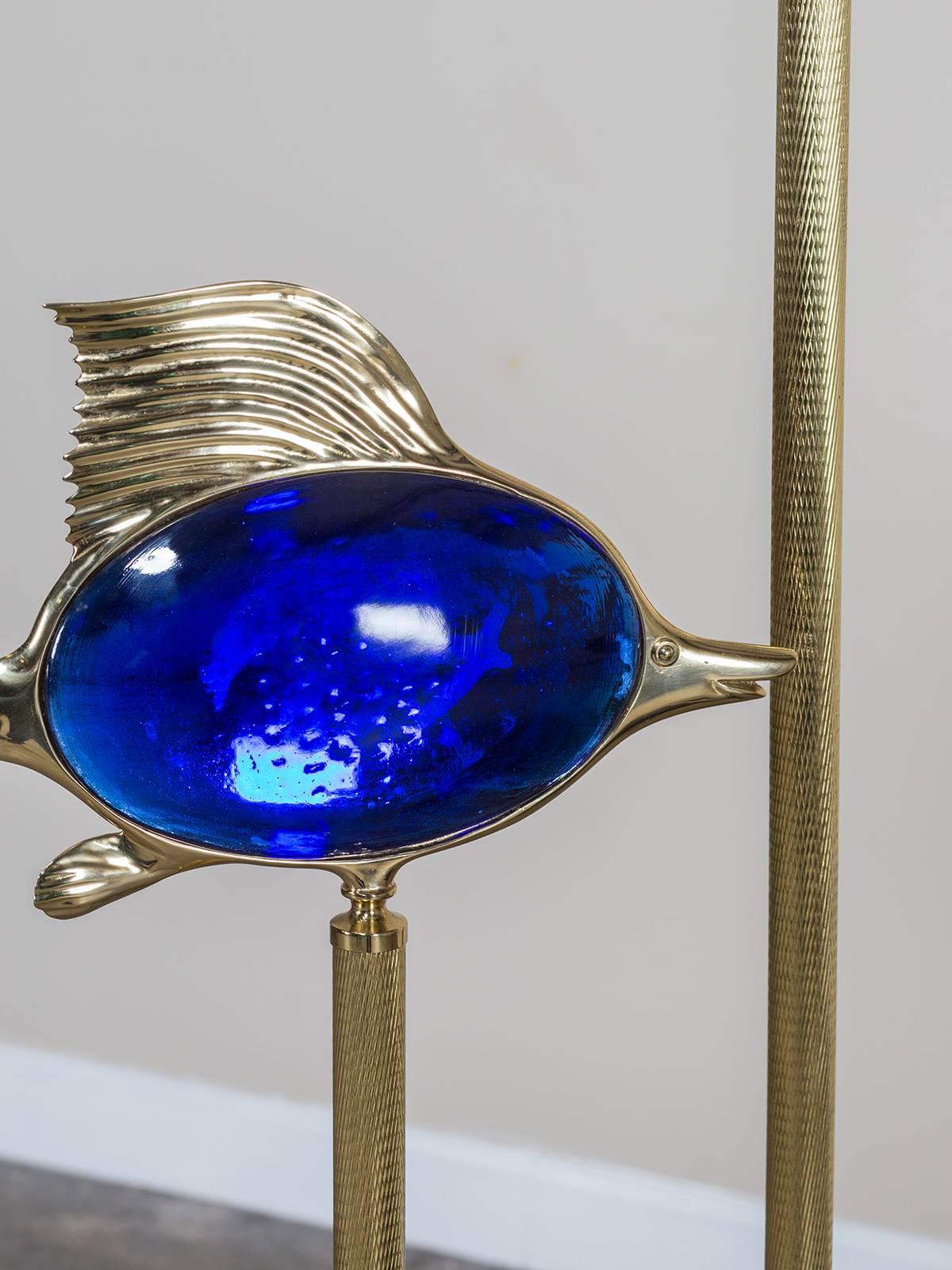 Vintage Blue Glass Fish Italian Brass Floor Lamp, circa 1975 at 1stDibs