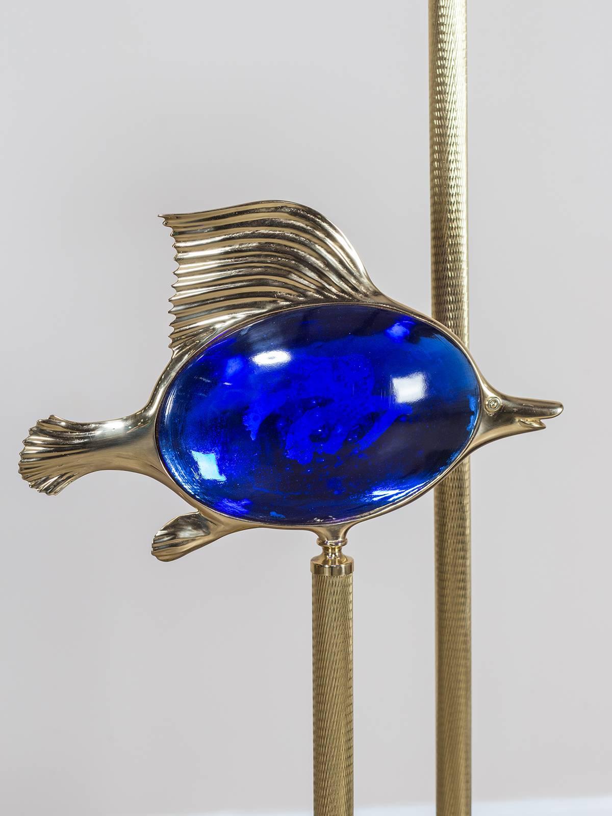 Vintage Blue Glass Fish Italian Brass Floor Lamp, circa 1975 at 1stDibs
