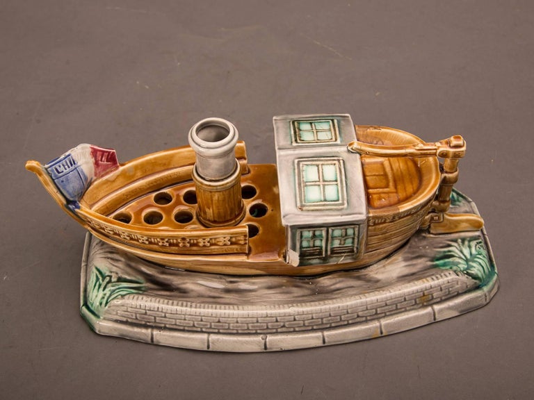 Antique French Majolica Barbotine Ceramic Boat and Cover, circa 1885 ...