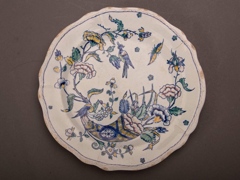 Three Antique French Gien Hand-Painted with Scallop Edge Plates, circa ...