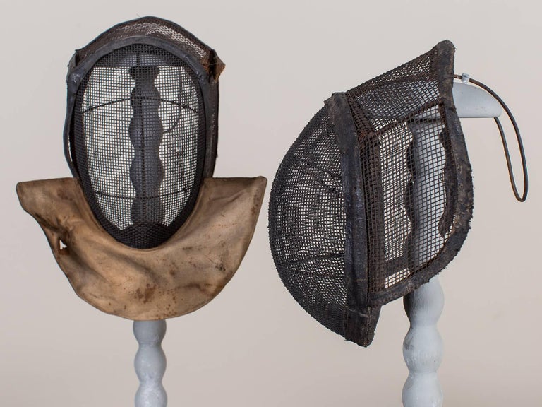 Set of Three Antique French Fencing Masks, circa 1910 Each on a Stand ...