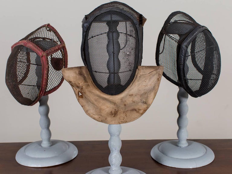 Set of Three Antique French Fencing Masks, circa 1910 Each on a Stand ...