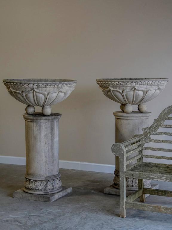 Pair of Vintage French Circular Basins Atop Columns, Relief Decoration ...