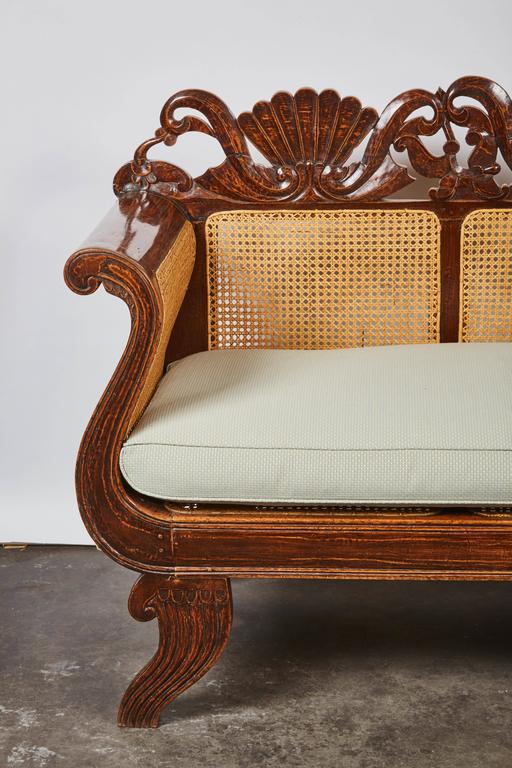Indonesian Teak Settee with Carved Rattan/Wicker Back and Seat at 1stDibs