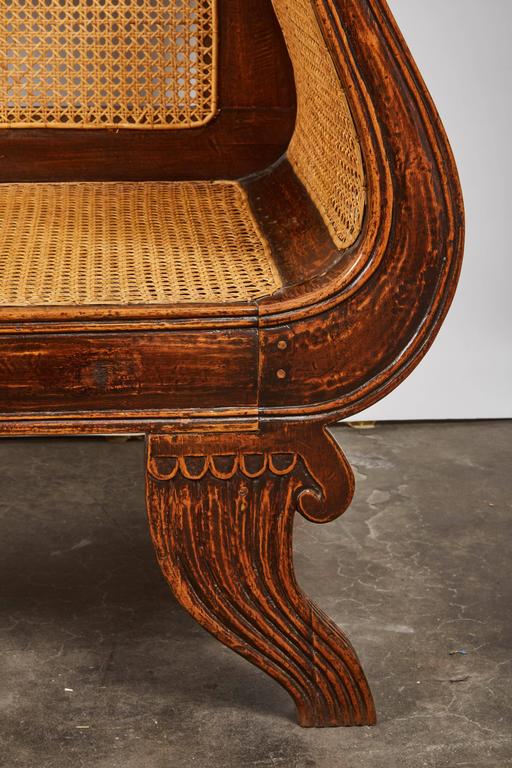 Indonesian Teak Settee with Carved Rattan/Wicker Back and Seat at 1stDibs