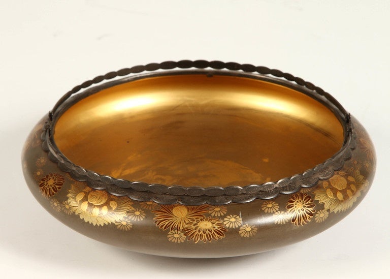 Japanese Lacquer Bowl with Silver Handles at 1stDibs