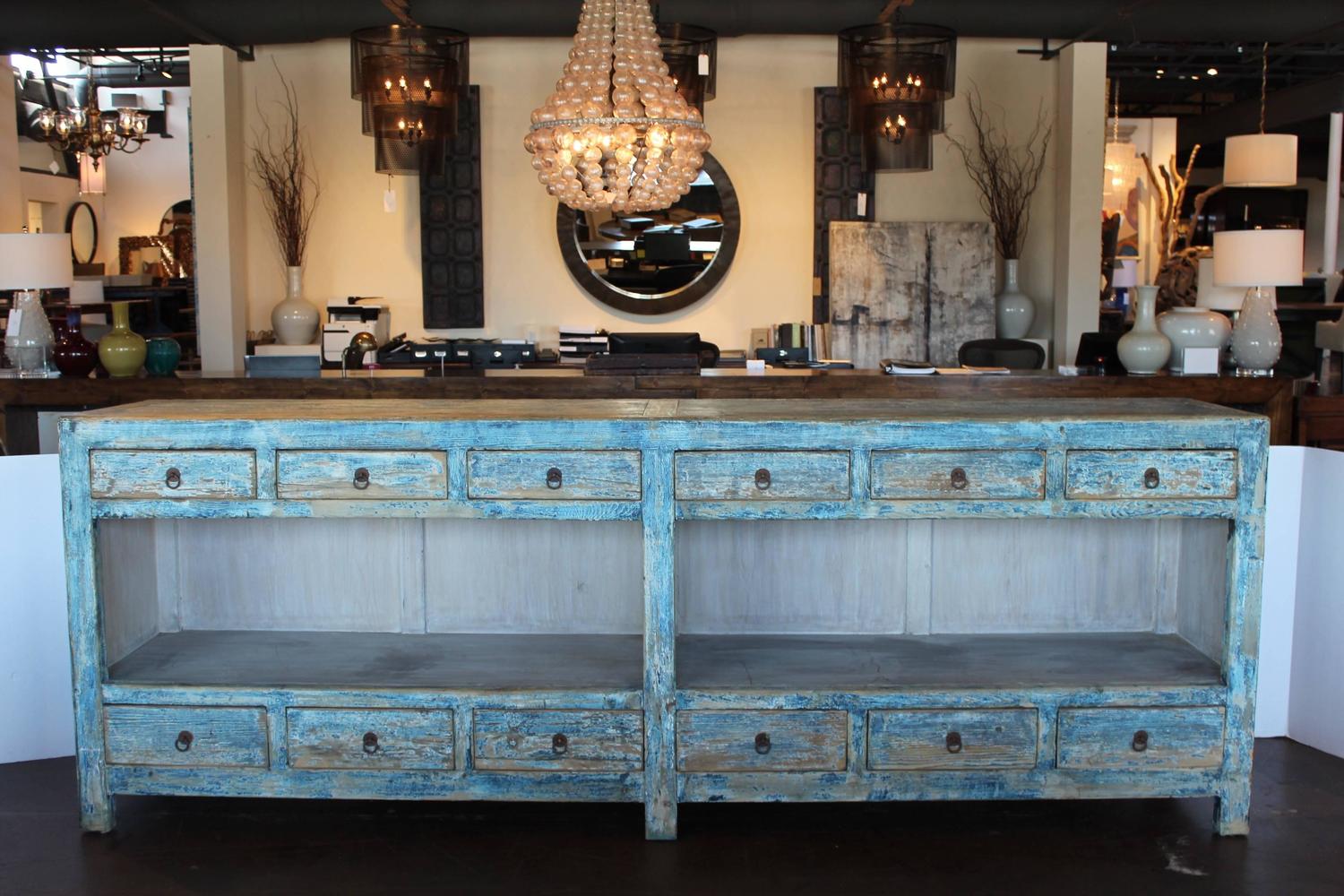 Antique Sea Blue 12-Drawer Open Sideboard Table For Sale at 1stdibs