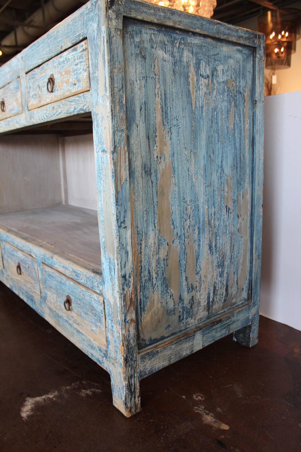 Antique Sea Blue 12-Drawer Open Sideboard Table For Sale at 1stdibs