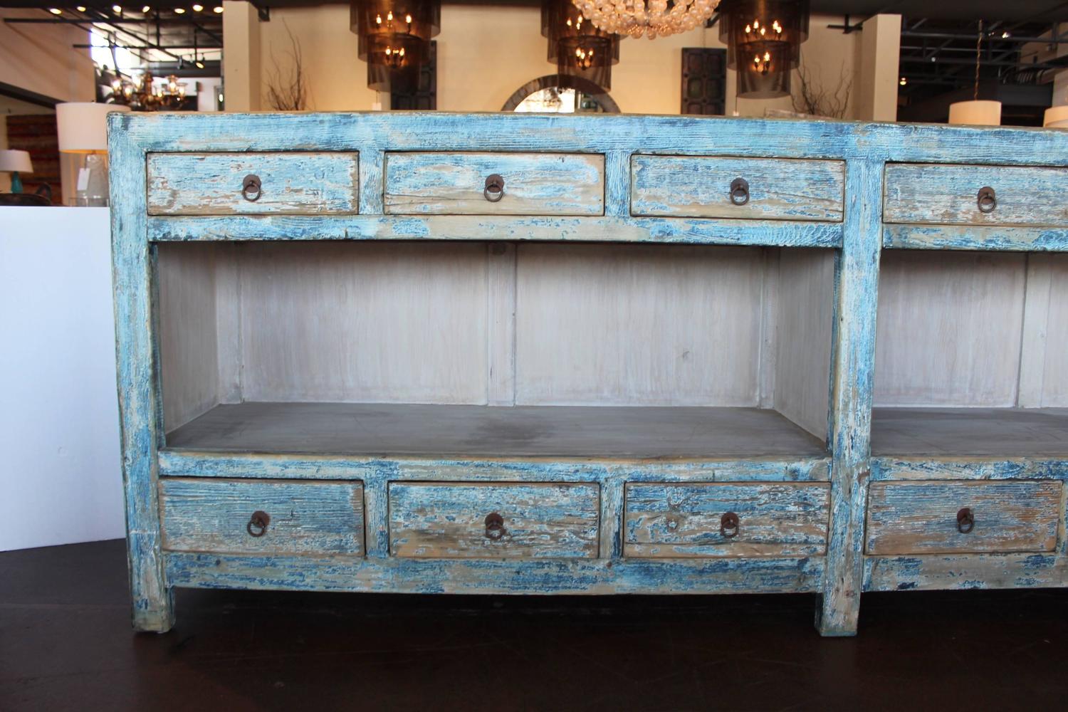 Antique Sea Blue 12-Drawer Open Sideboard Table For Sale at 1stdibs