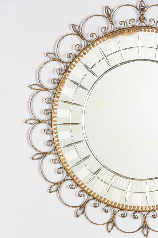 Mid-Century French Brass Round Mirror with Etched Glass at 1stDibs