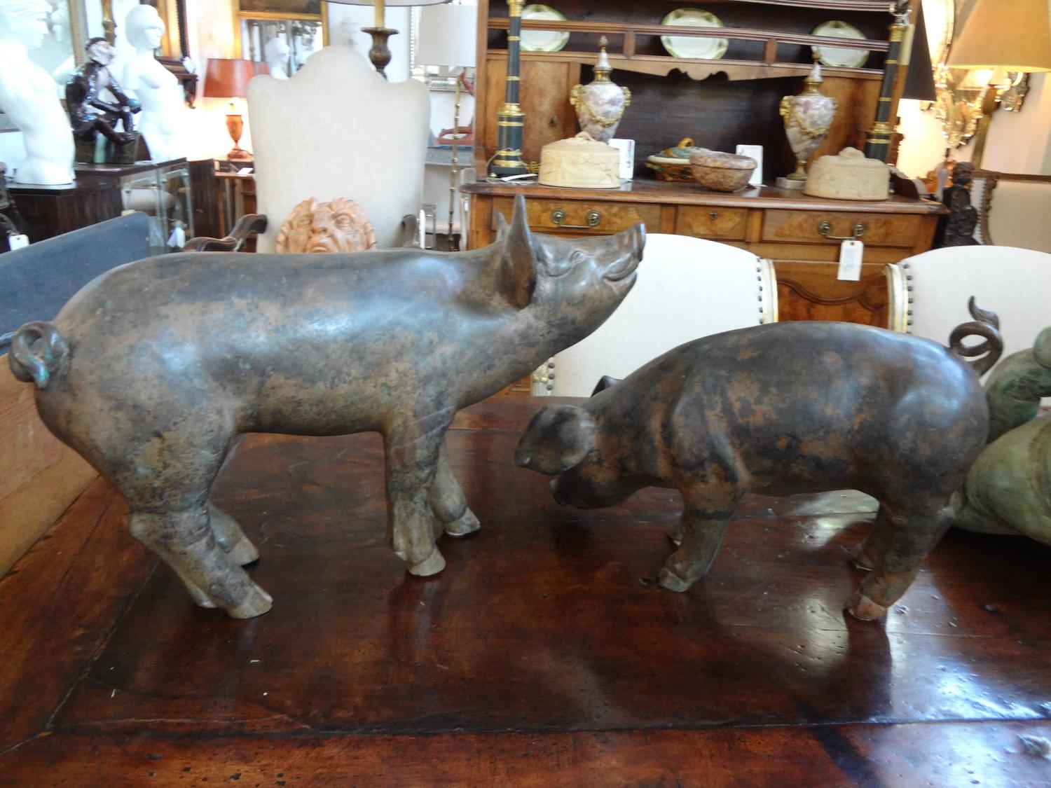 Pair of Vintage French Bronze Pig Sculptures at 1stdibs