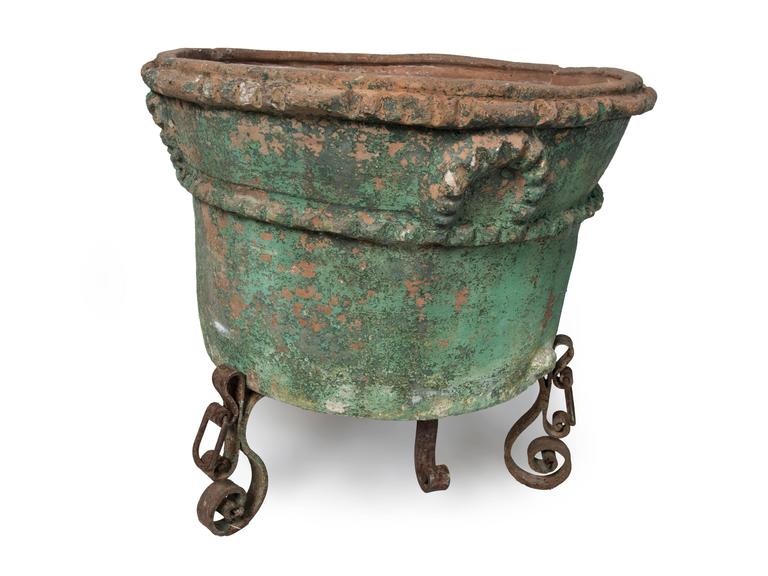 Large Painted Terra Cotta Planter with a Wrought Iron Stand at 1stDibs