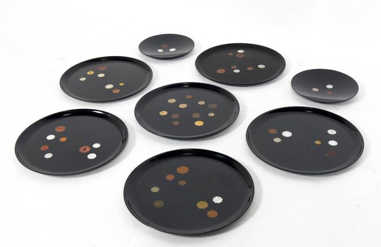 Group of Coin Inlaid Trays by Couroc Great Wall Sculpture at 1stDibs