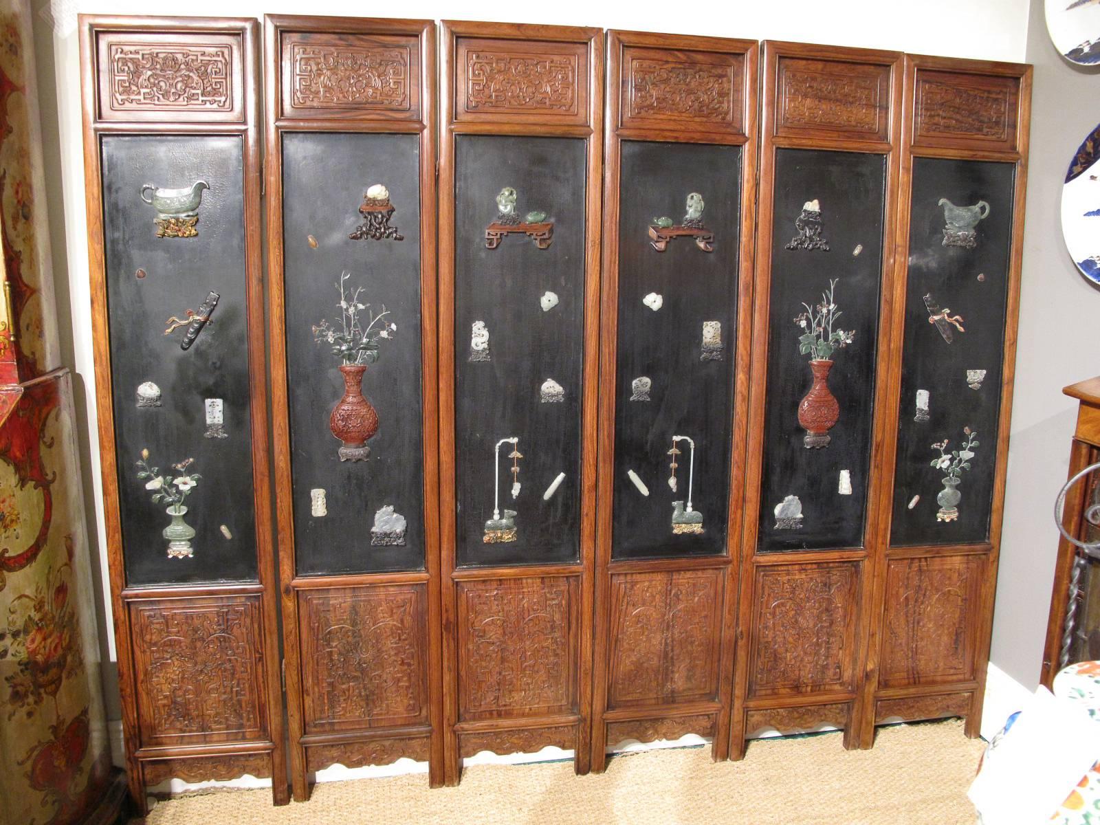 Important Chinese Jade Decorated Lacquered and Hardwood Six Fold Screen ...