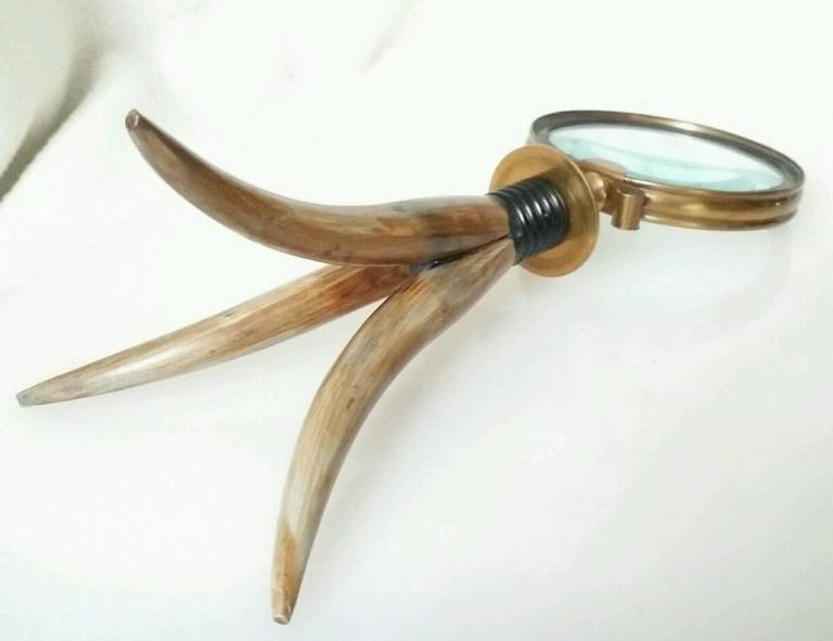 Distinctive Brass Magnifier on Tripod Horn Legs at 1stDibs