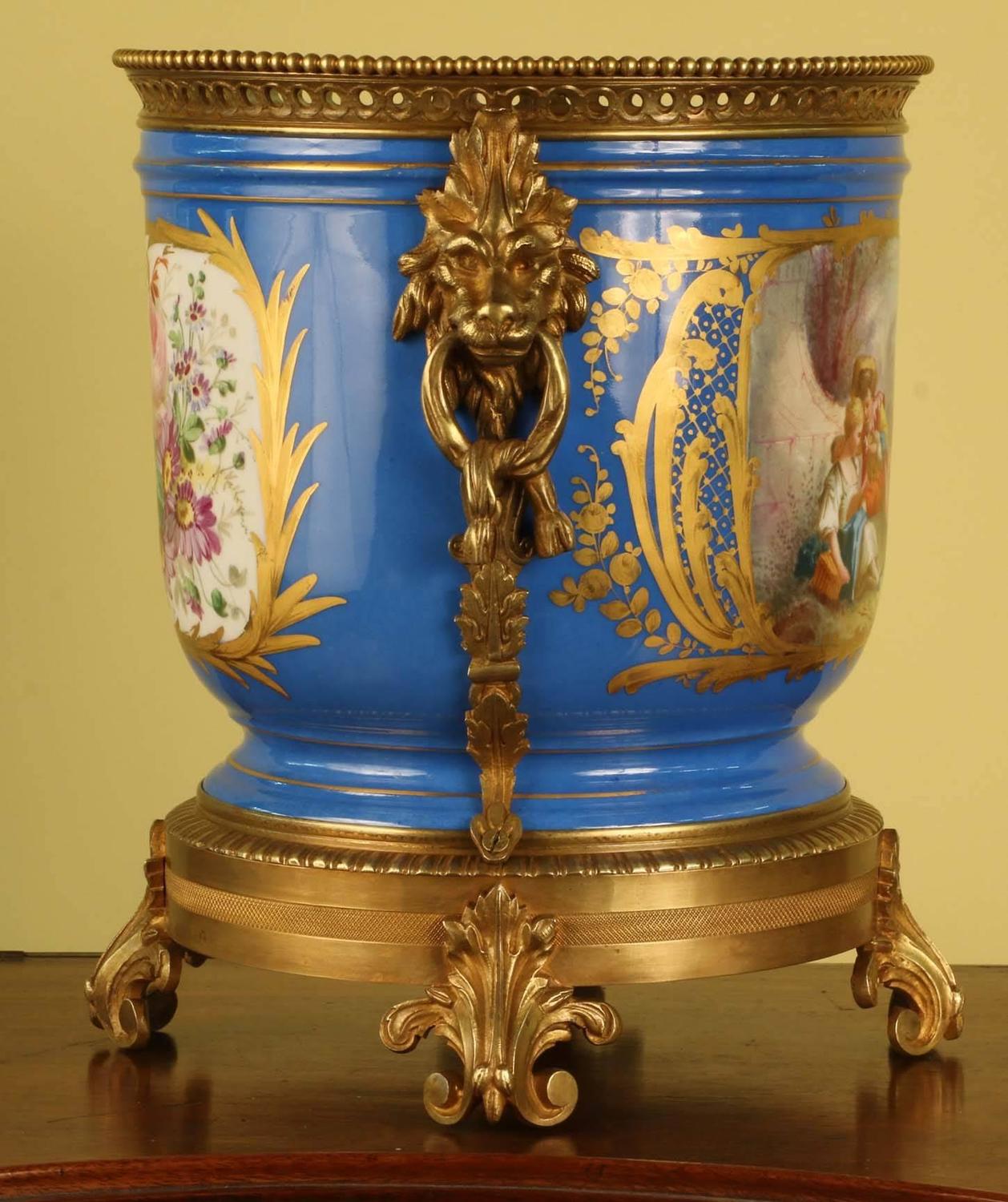 Sevres Style Gilt Bronze-Mounted Porcelain Cachepot For Sale at 1stdibs
