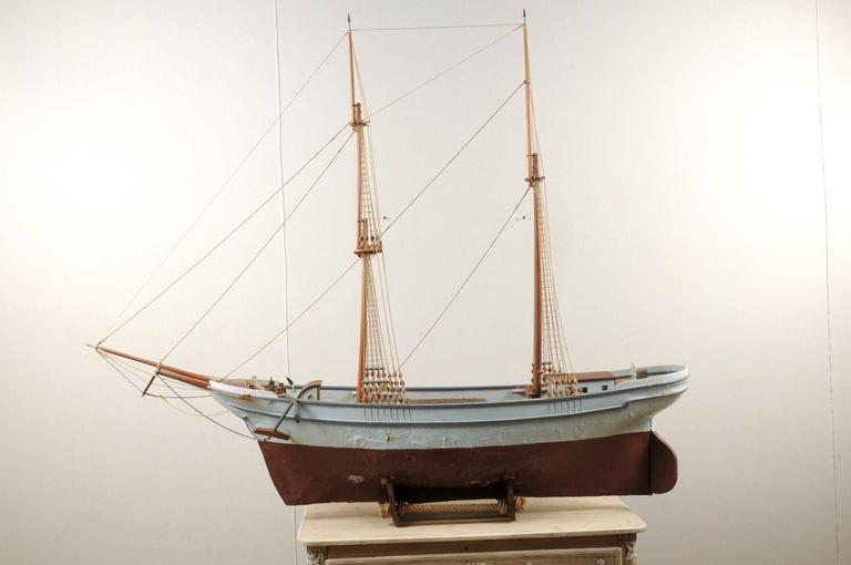 Swedish Ship Model on Stand with Two-Masts, Wooden Ketch 'or Brigantine ...