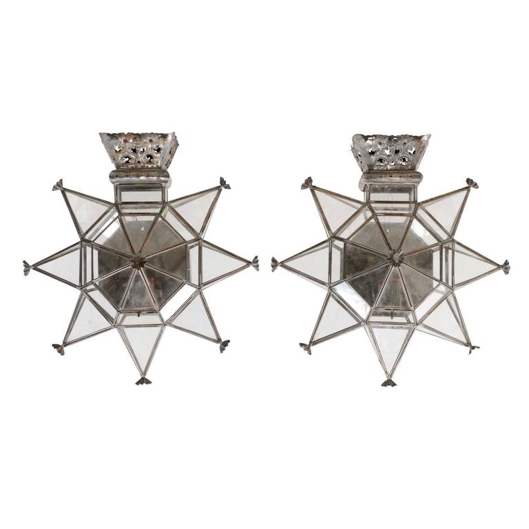Pair of Mexican Star Shaped Single Candle Sconces of Old Tin and Glass ...