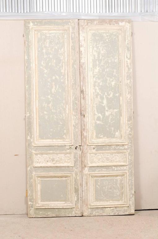 Pair of Tall French Doors with Scraped Paint Finish in Light Grey and ...