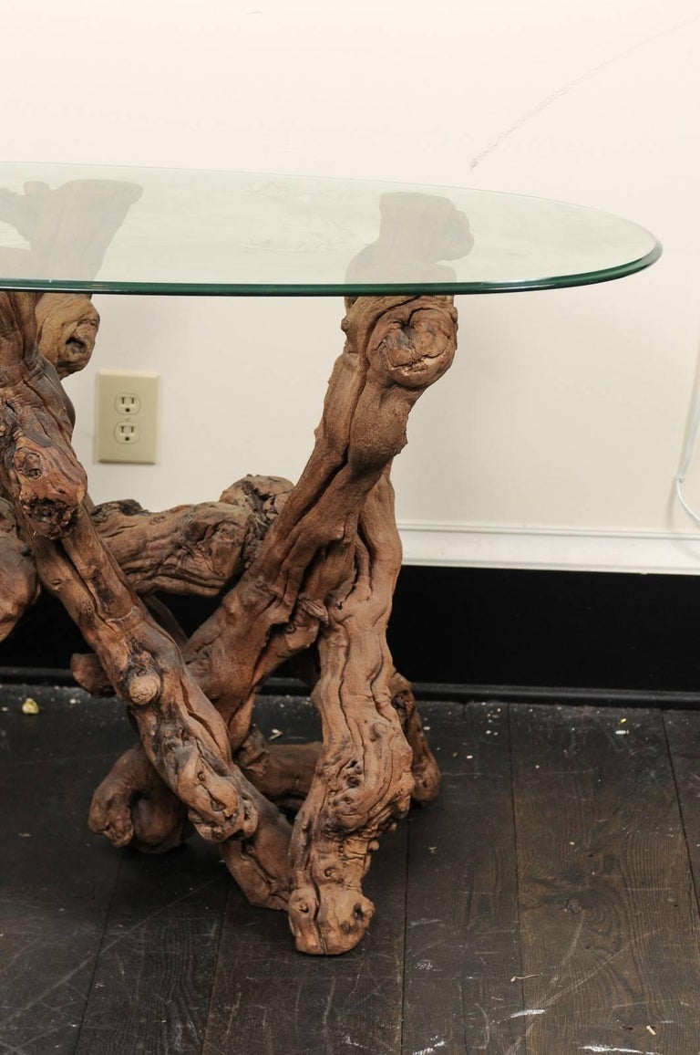 Vintage European Glass Top, Grape Vine / Natural Wood Base Oval Rustic ...