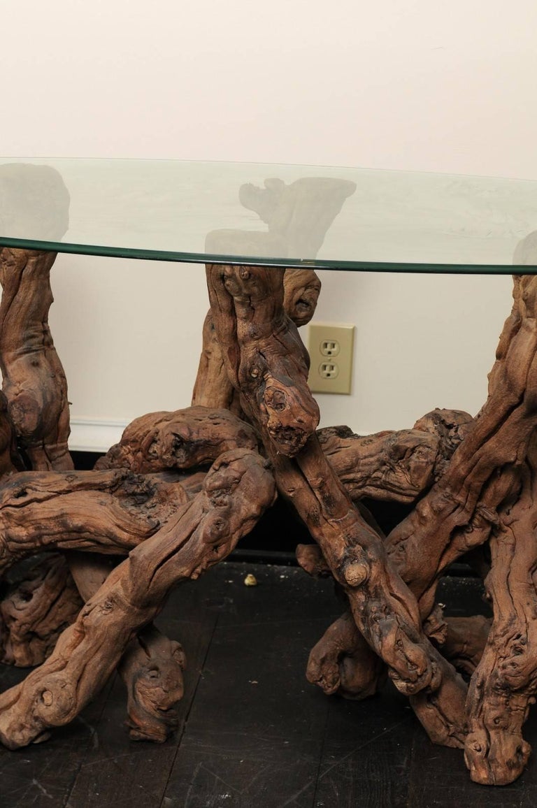 Vintage European Glass Top, Grape Vine / Natural Wood Base Oval Rustic ...